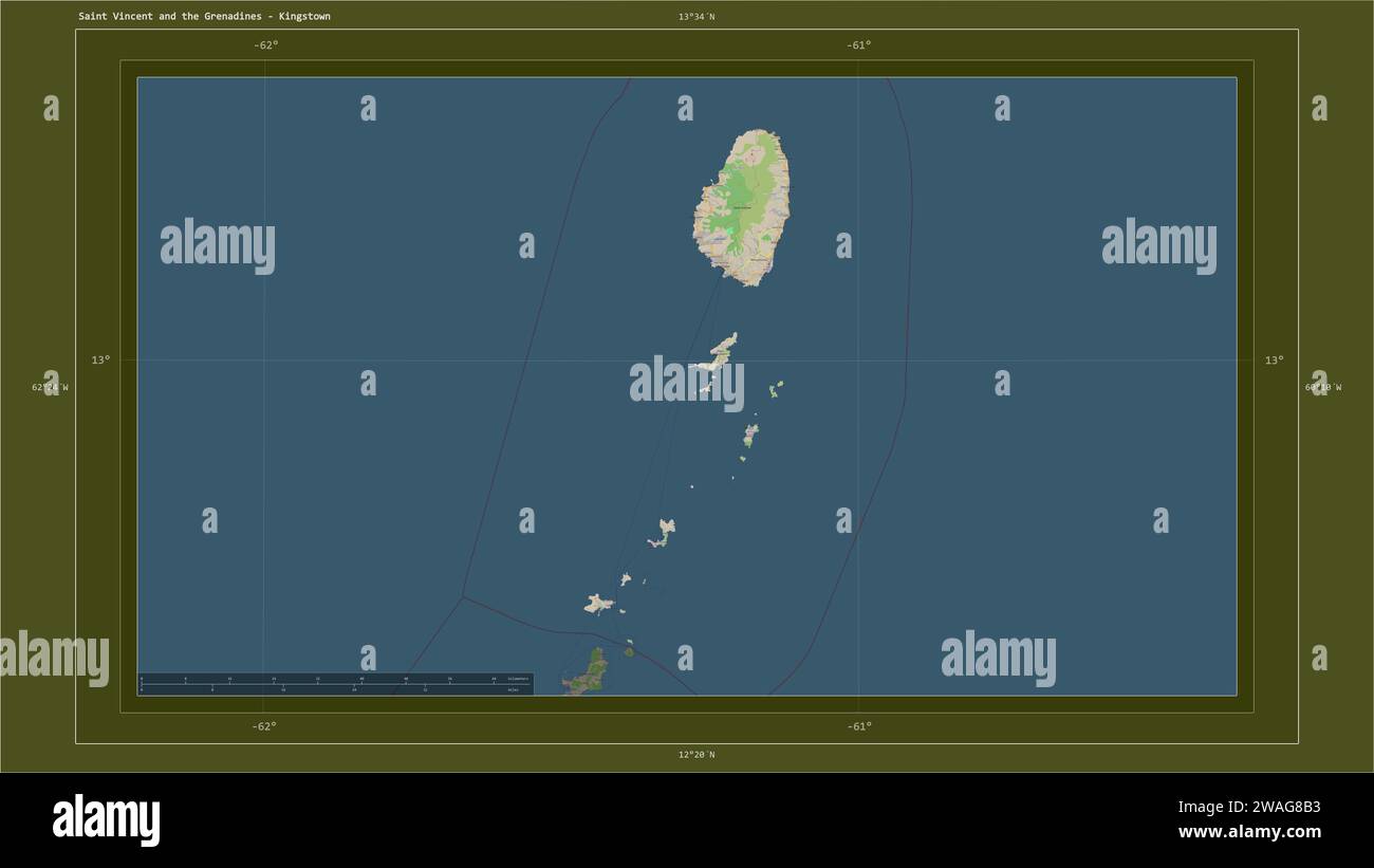 Saint Vincent and the Grenadines highlighted on a topographic, OSM ...