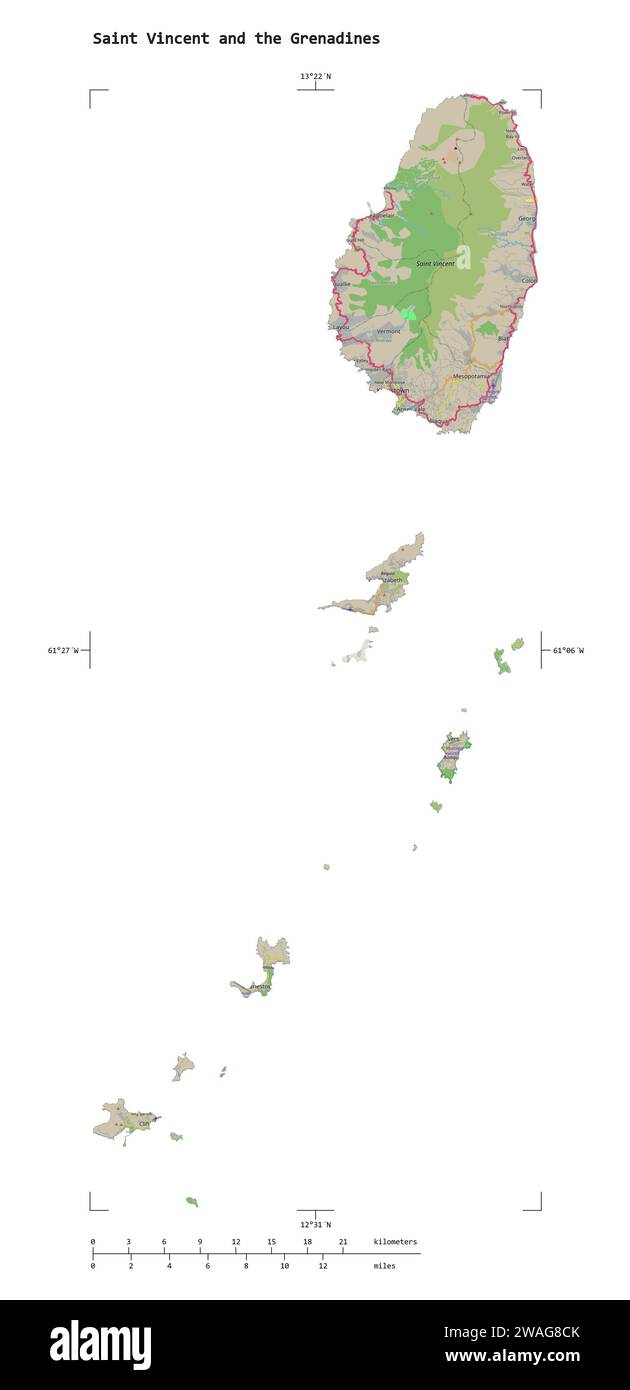 Shape of a topographic, OSM Germany style map of the Saint Vincent and ...