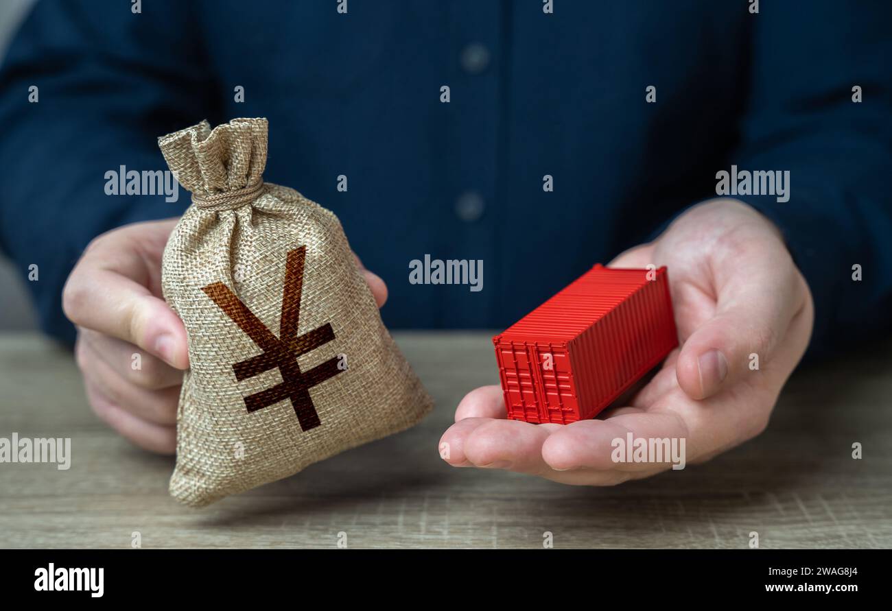 Ship container and Chinese yuan or japanese yen money bag. Distribution ...