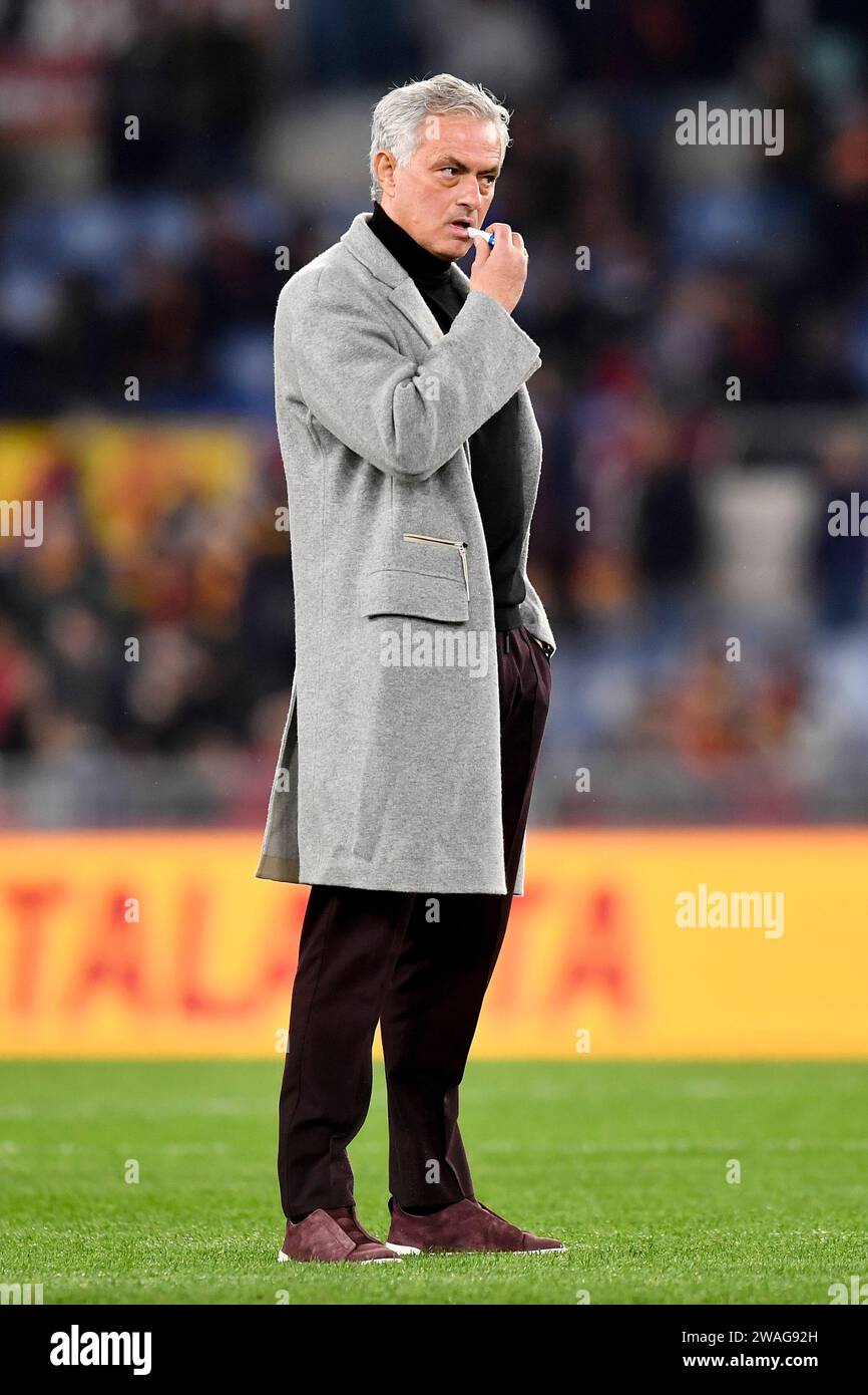 Jose Mourinho coach of AS Roma attends the warm up during the Italy Cup ...