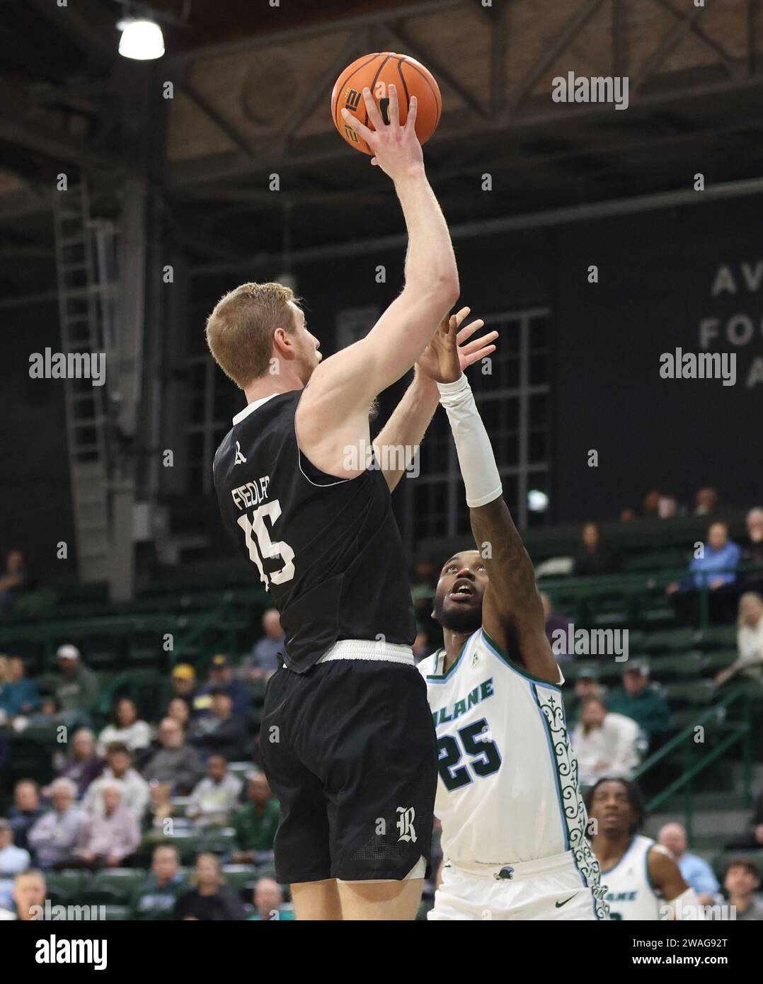 New Orleans, USA. 03rd Jan, 2024. Rice Owls forward Max Fiedler (15 ...