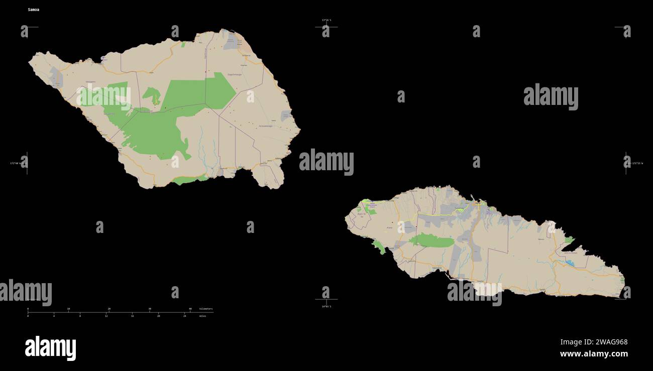 Shape of a topographic, OSM standard style map of the Samoa, with ...