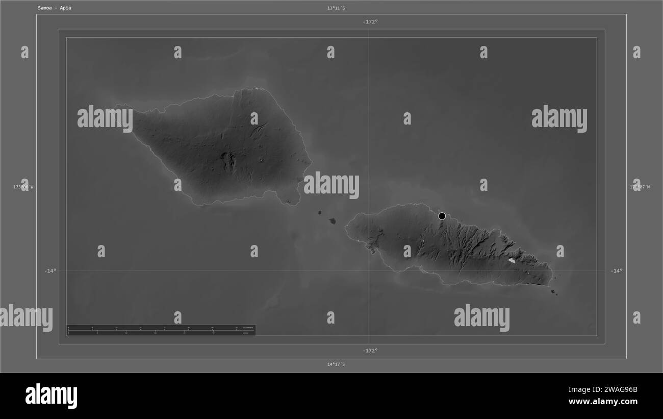 Samoa highlighted on a Grayscale elevation map with lakes and rivers ...