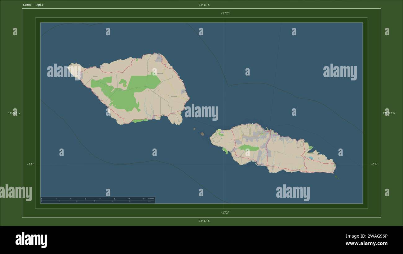 Samoa highlighted on a topographic, OSM Germany style map map with the ...