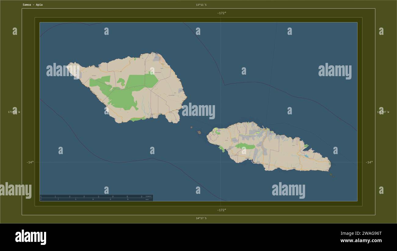 Samoa highlighted on a topographic, OSM standard style map map with the ...