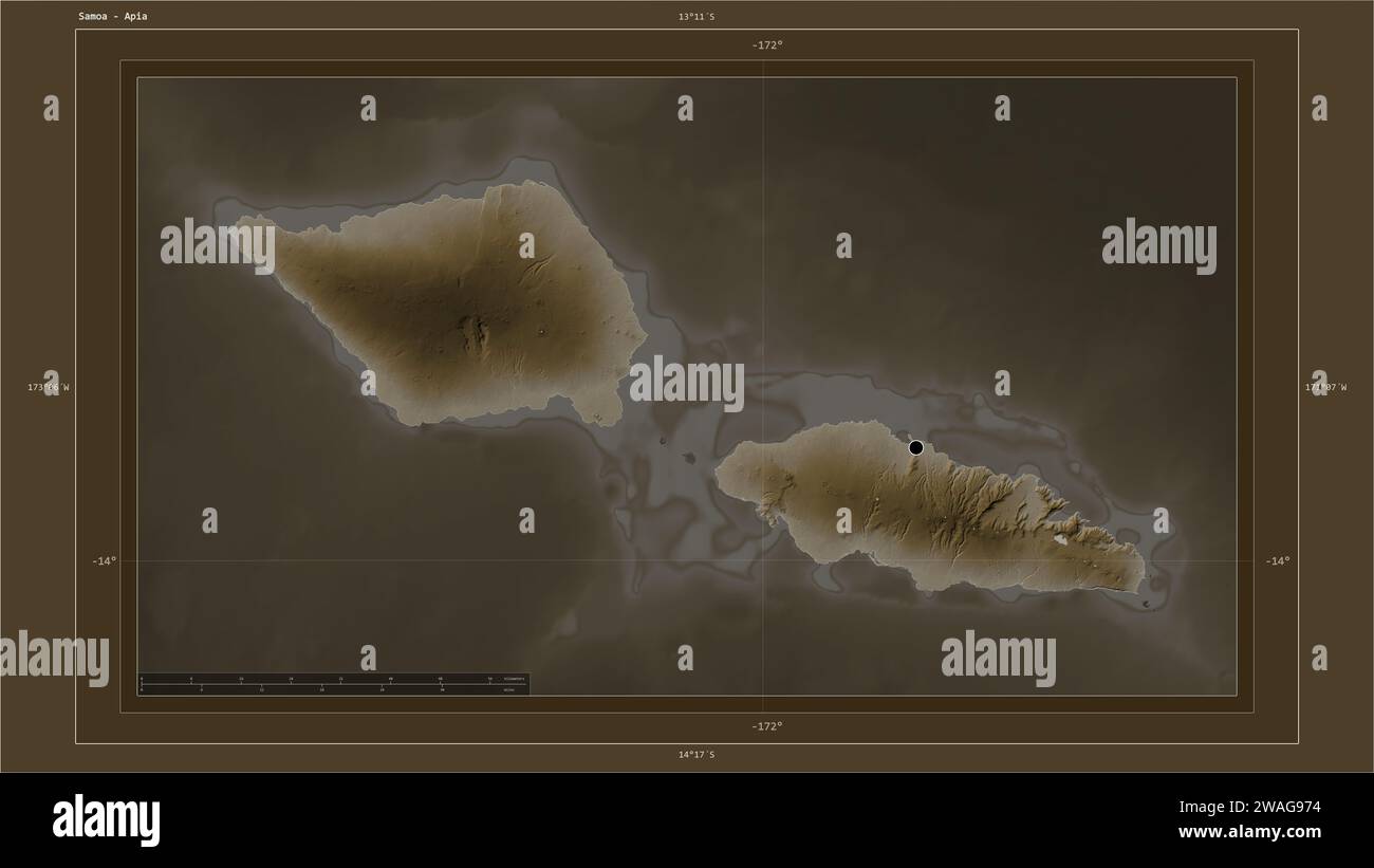 Samoa highlighted on a elevation map colored in sepia tones with lakes ...
