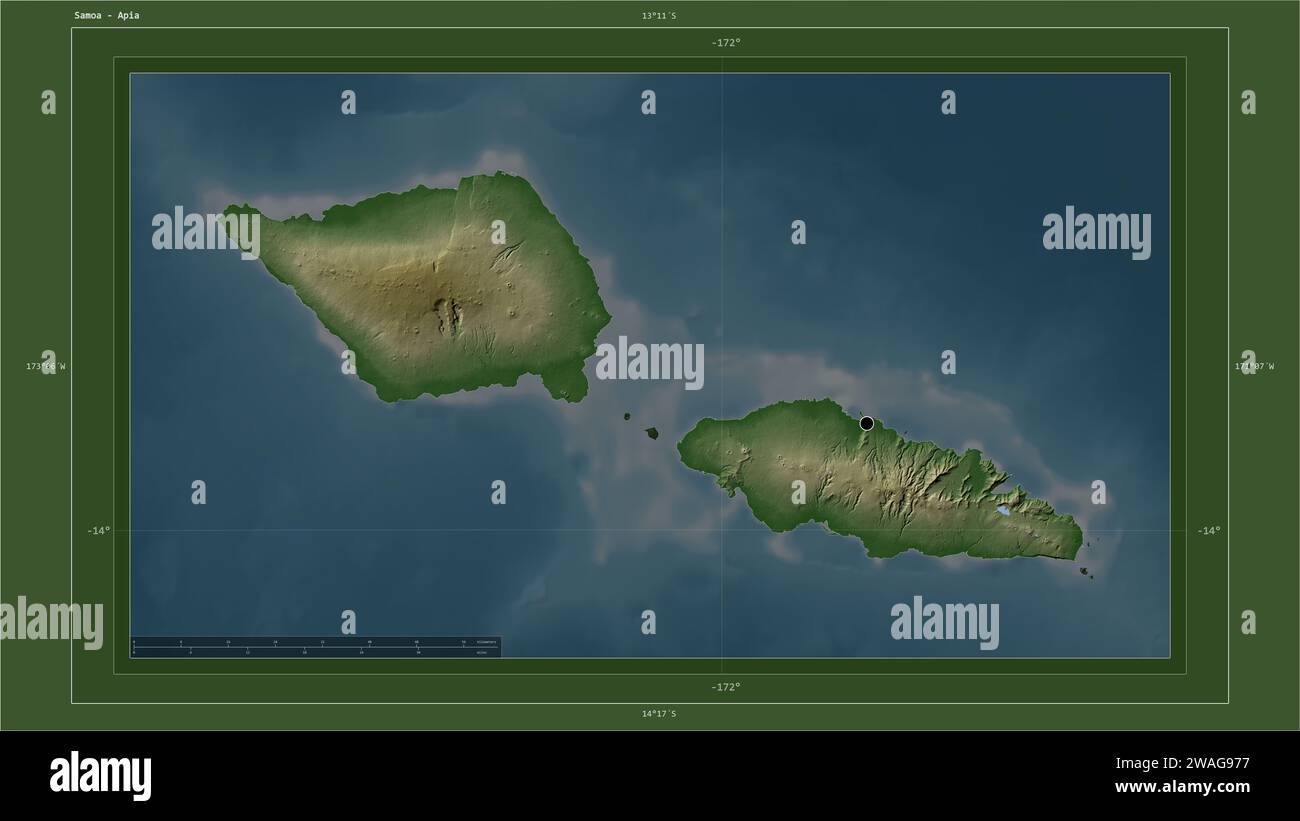 Samoa highlighted on a Pale colored elevation map with lakes and rivers ...
