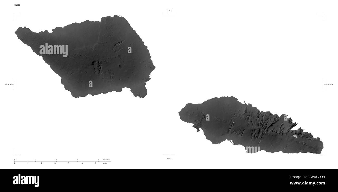 Shape of a Grayscale elevation map with lakes and rivers of the Samoa, with distance scale and ...