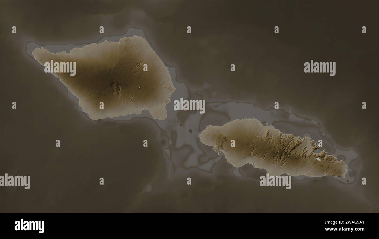 Samoa highlighted on a elevation map colored in sepia tones with lakes ...