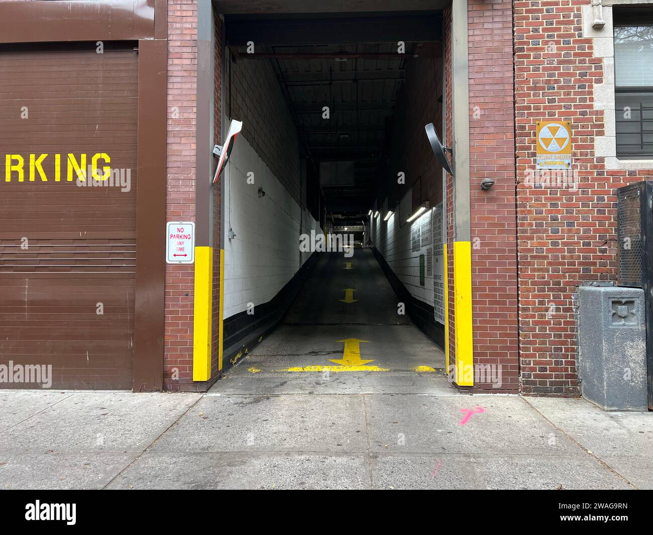 A narrow road with yellow signs leading to the parking lot Stock Photo ...