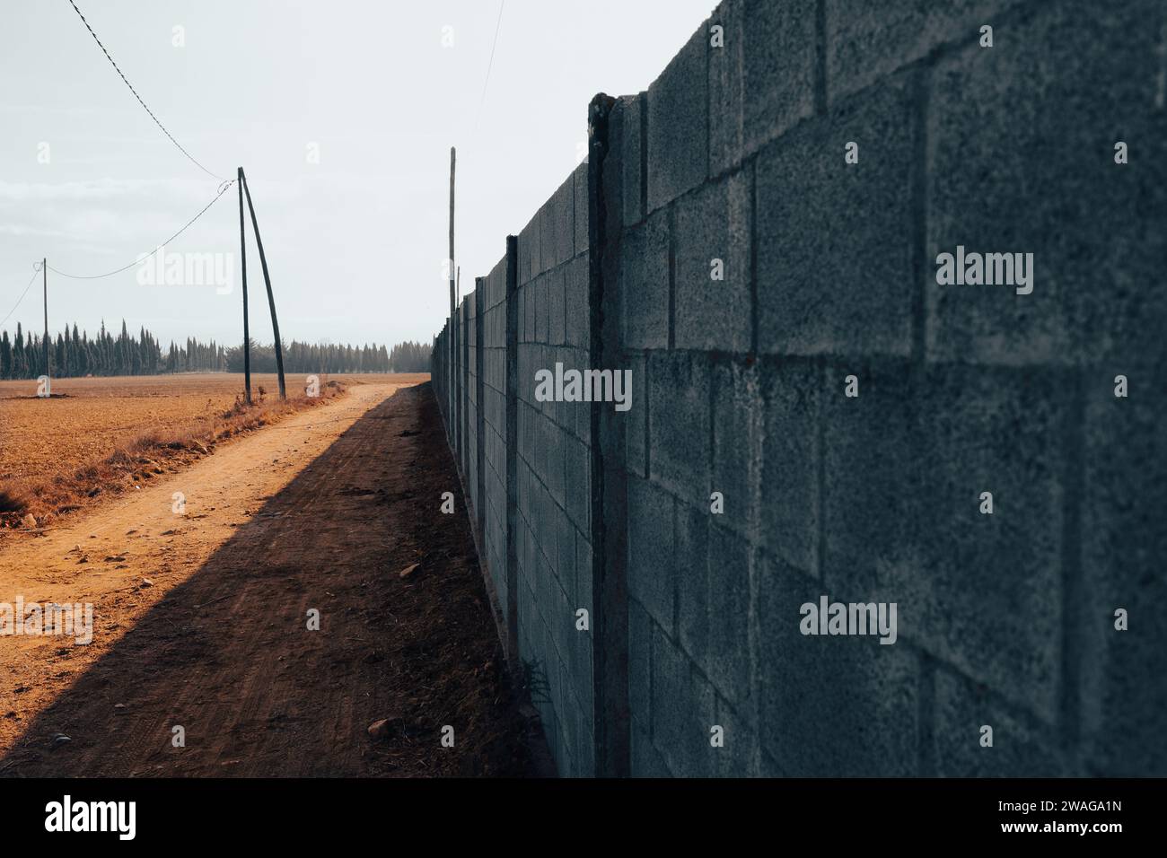 Dusty red-earth road beside a brick wall, with cypresses on the horizon ...