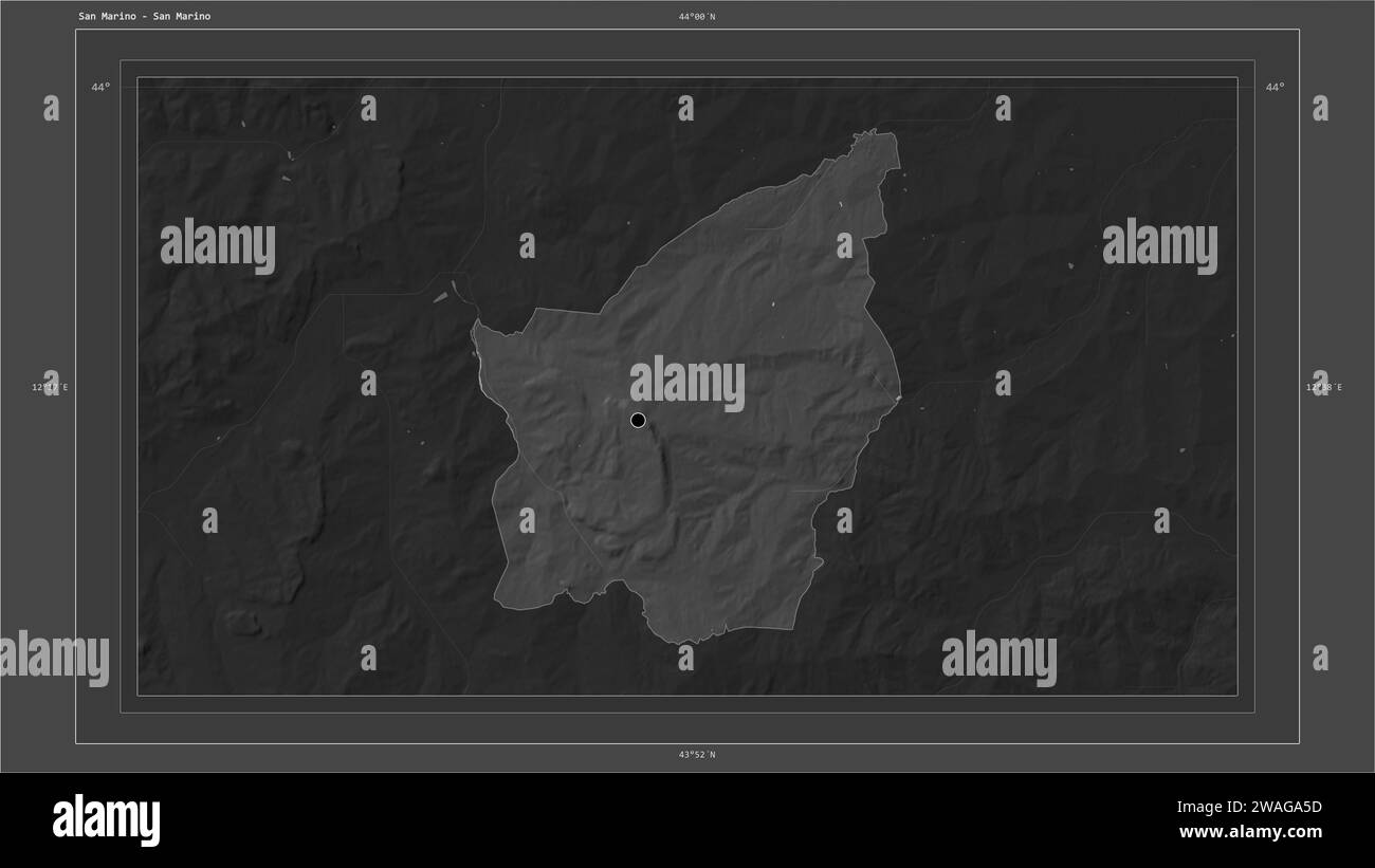 San Marino highlighted on a Bilevel elevation map with lakes and rivers ...