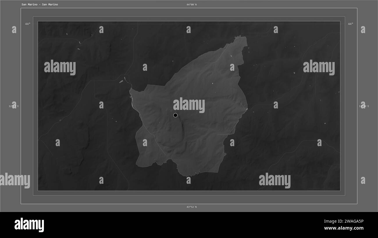 San Marino highlighted on a Grayscale elevation map with lakes and ...