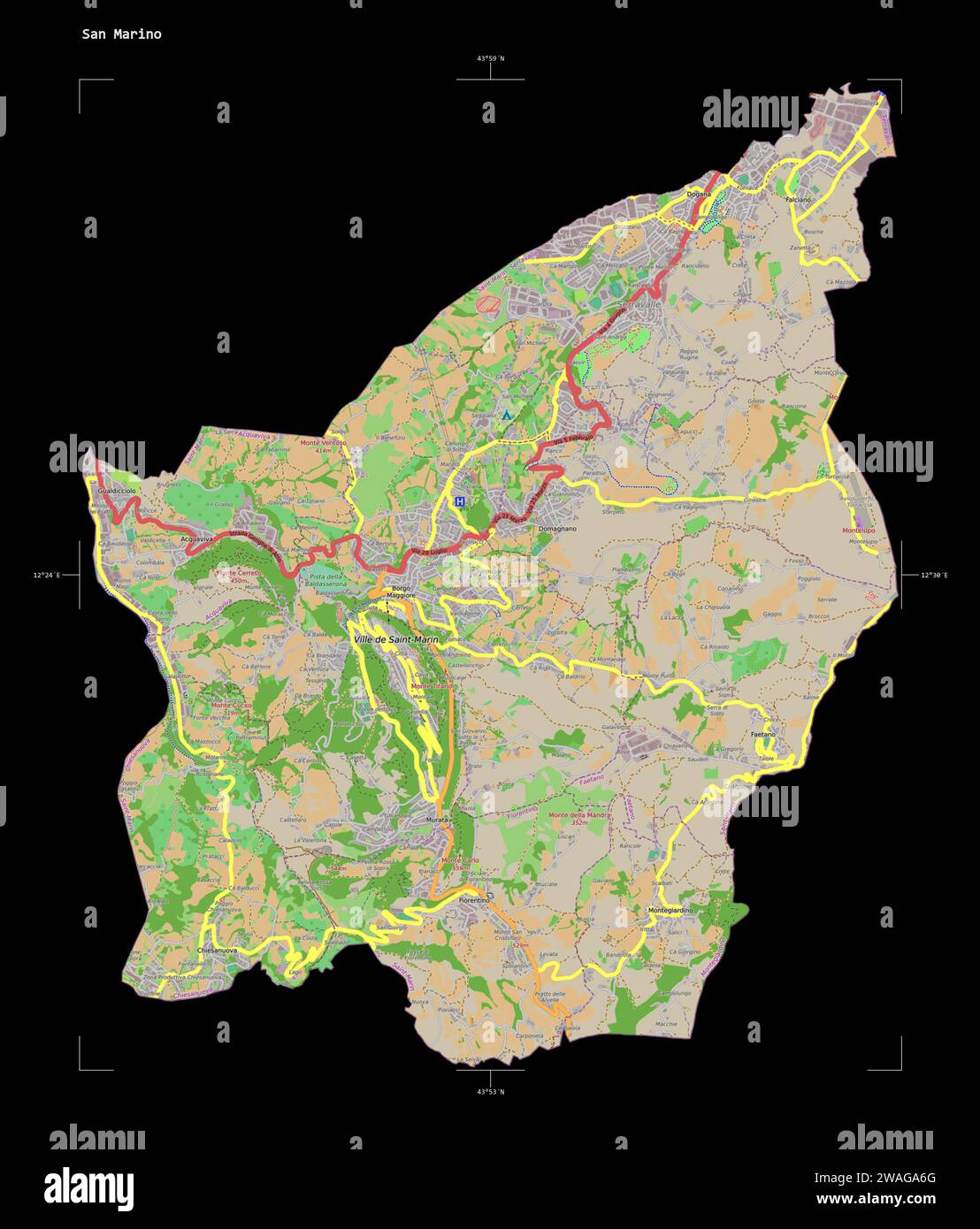 Shape of a topographic, OSM France style map of the San Marino, with ...