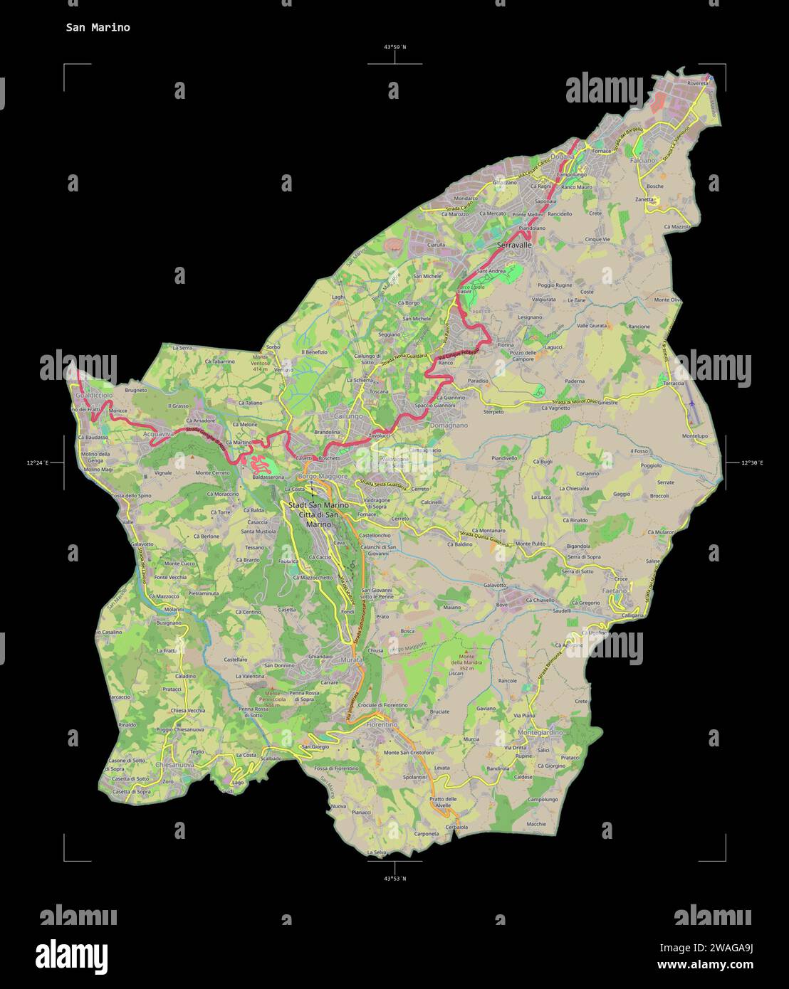 Shape of a topographic, OSM Germany style map of the San Marino, with ...