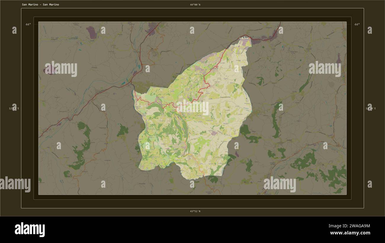 San Marino highlighted on a topographic, OSM Humanitarian style map map ...