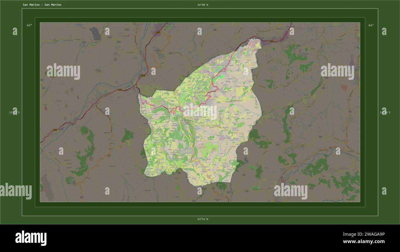 San Marino highlighted on a topographic, OSM Germany style map map with the country's capital ...