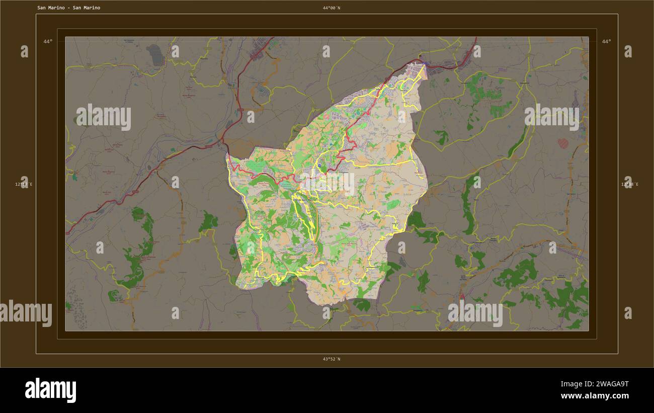 San Marino highlighted on a topographic, OSM France style map map with ...