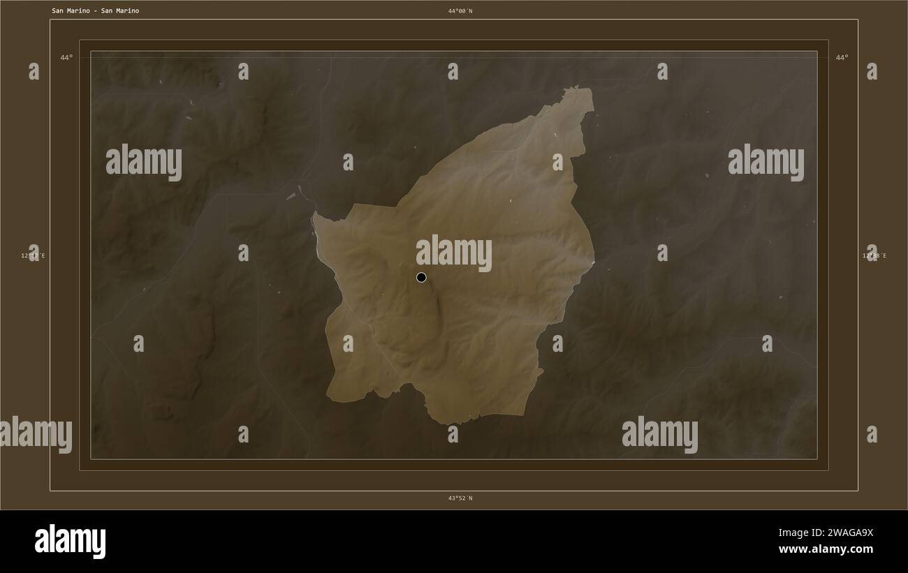 San Marino highlighted on a elevation map colored in sepia tones with ...