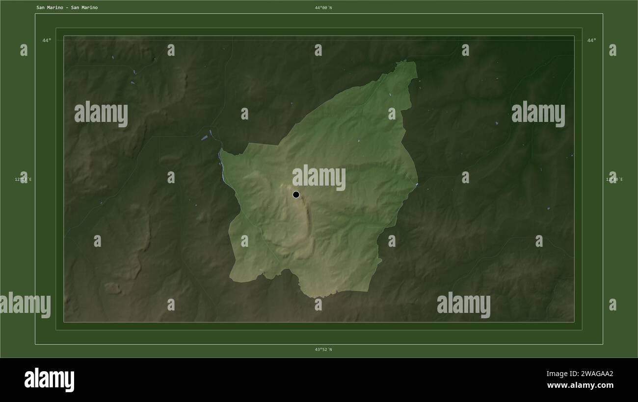 San Marino highlighted on a Pale colored elevation map with lakes and ...