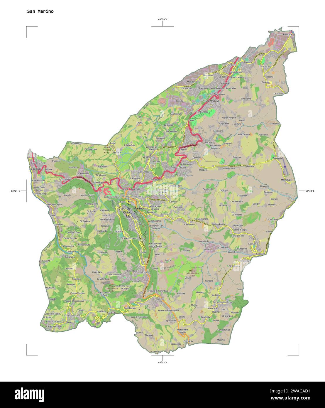 Shape of a topographic, OSM Germany style map of the San Marino, with ...