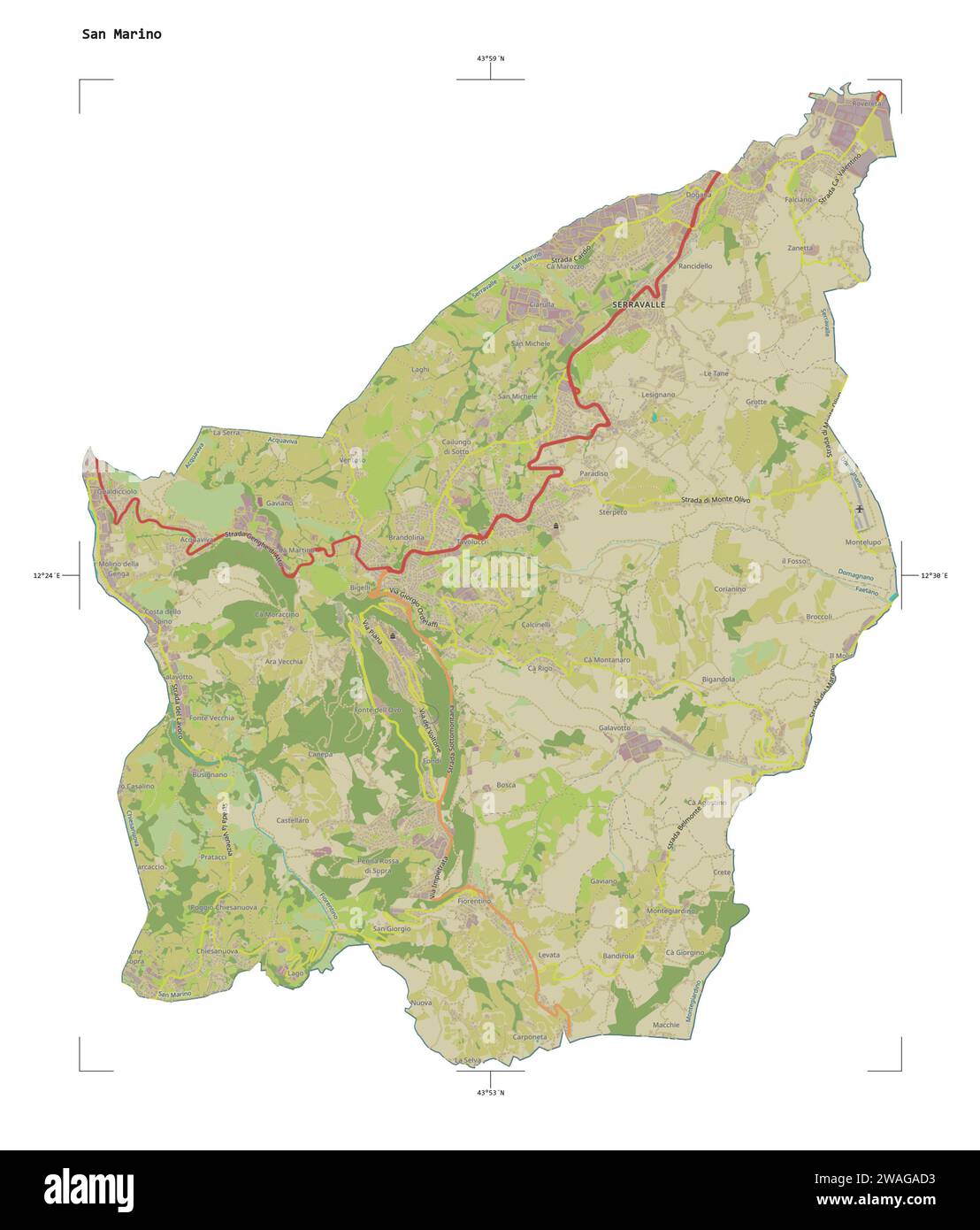 Shape of a topographic, OSM Humanitarian style map of the San Marino ...