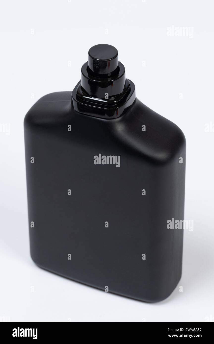 Open black perfume bottle perspective view isolated on studio ...