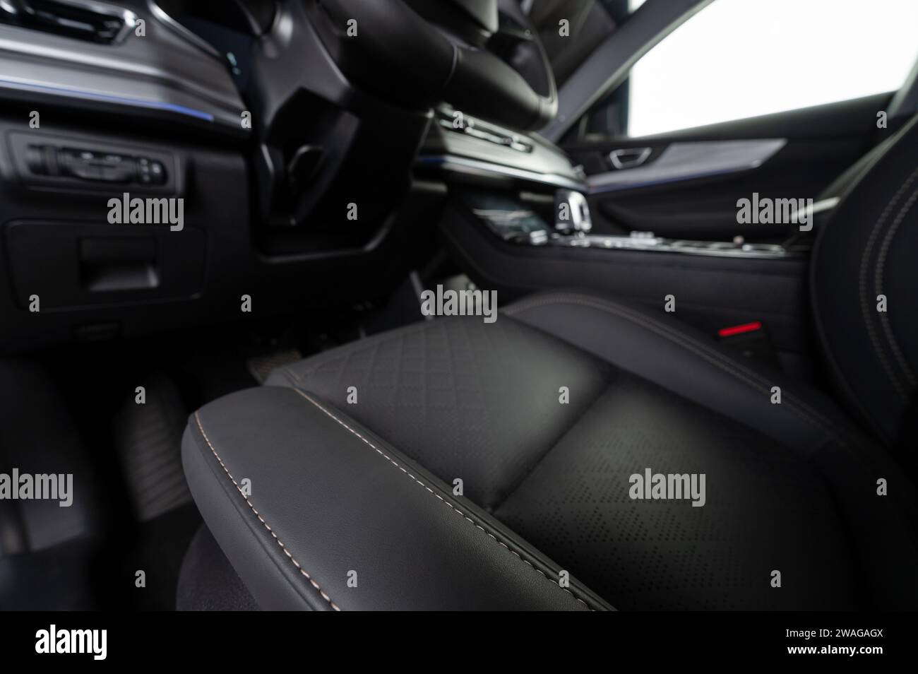 Black leather car driver seat on blurred dashboard background Stock ...