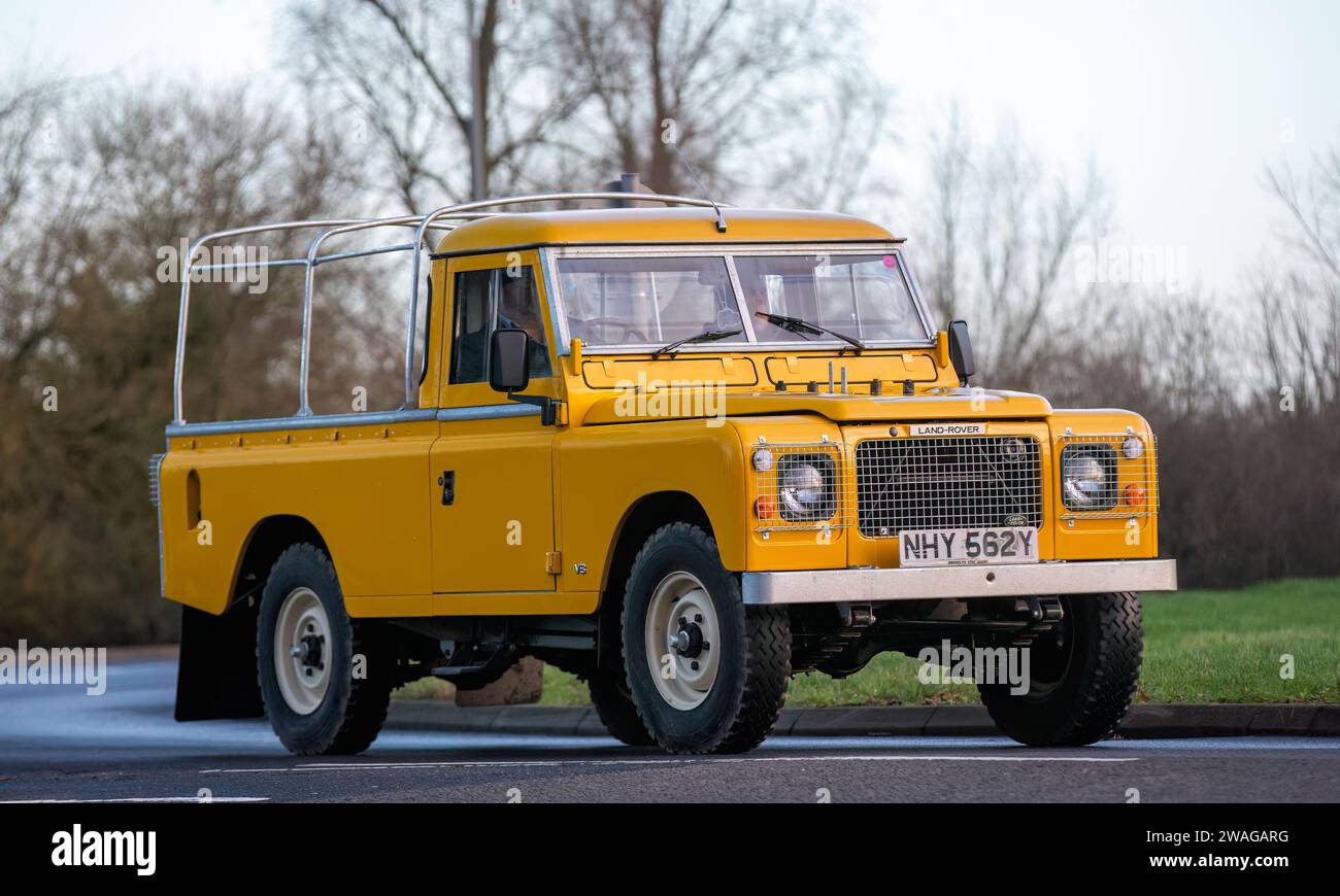 Stony Stratford,UK Jan 1st 2024. 1983 yellow Land Rover 109 car ...