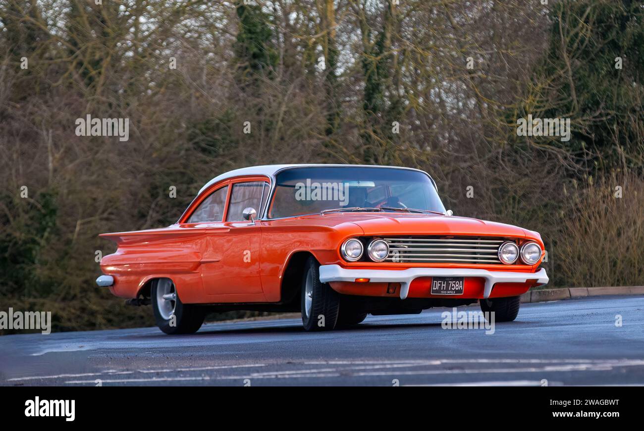 Stony Stratford,UK Jan 1st 2024. 1960 Chevrolet Impala car arriving at ...