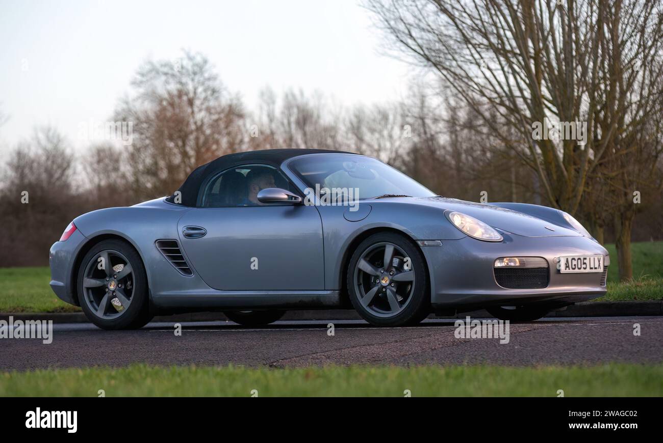 Stony Stratford,UK Jan 1st 2024. 2005 grey Porsche Boxster car arriving ...