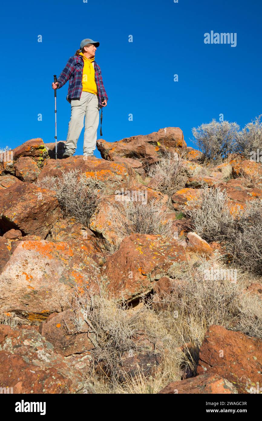 Hiker on scenic overlook, Hickison Petroglyphs Recreation Area, Mount ...