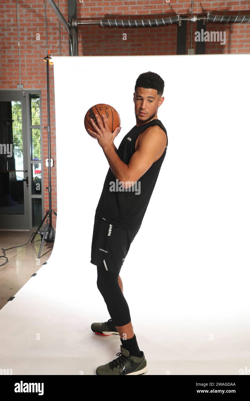 Devin Booker poses for a portrait on September 26, 2022 in Phoenix, Arizona. (NBPA via AP Stock ...