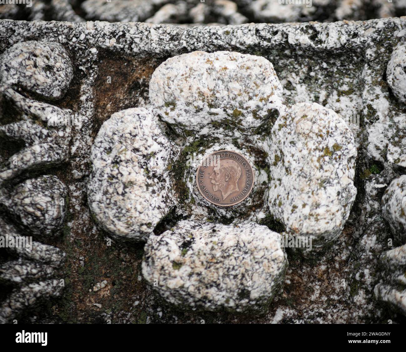 A close-up shot of an antique coin resting on a bed of snowy grey rocks ...