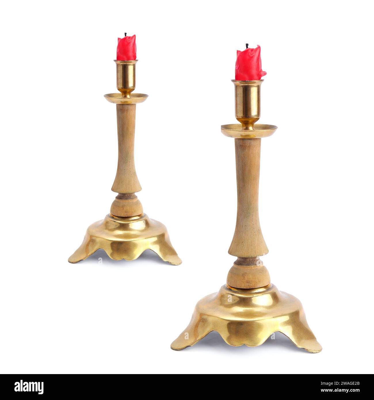 Retro candlesticks with candle, isolated on white background. Collage ...