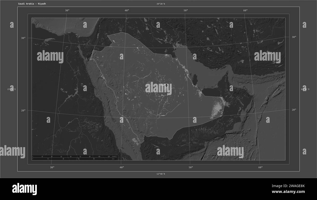 Saudi Arabia highlighted on a Bilevel elevation map with lakes and ...