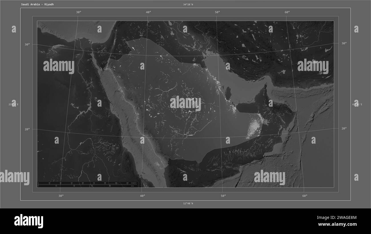 Saudi Arabia highlighted on a Grayscale elevation map with lakes and ...