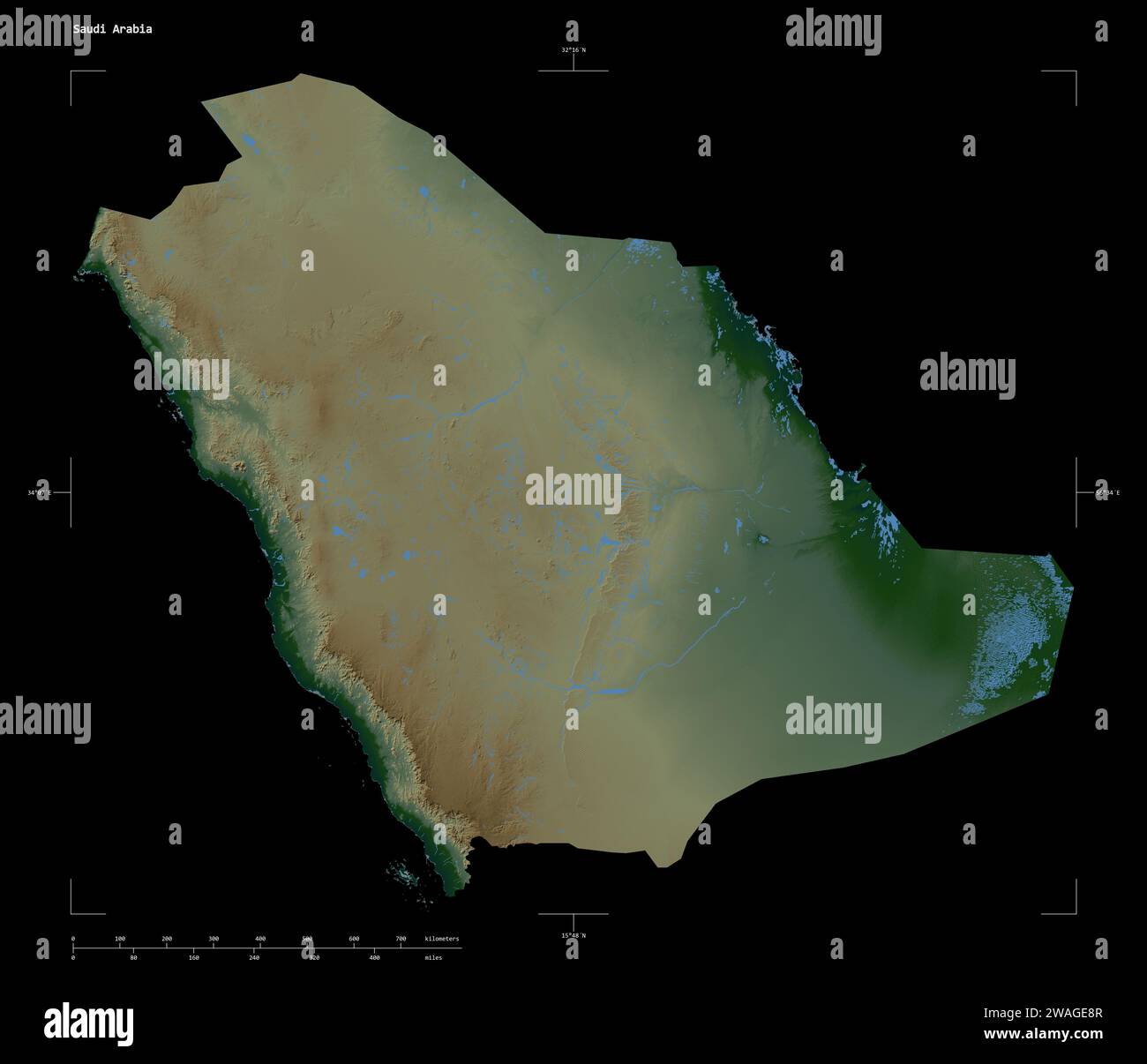Shape of a Colored elevation map with lakes and rivers of the Saudi ...