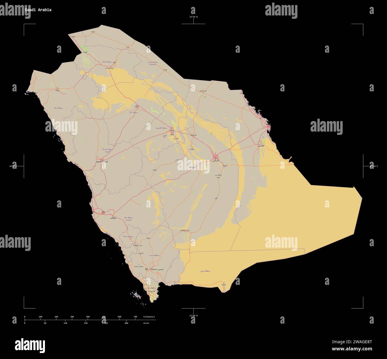 Shape of a topographic, OSM standard style map of the Saudi Arabia ...