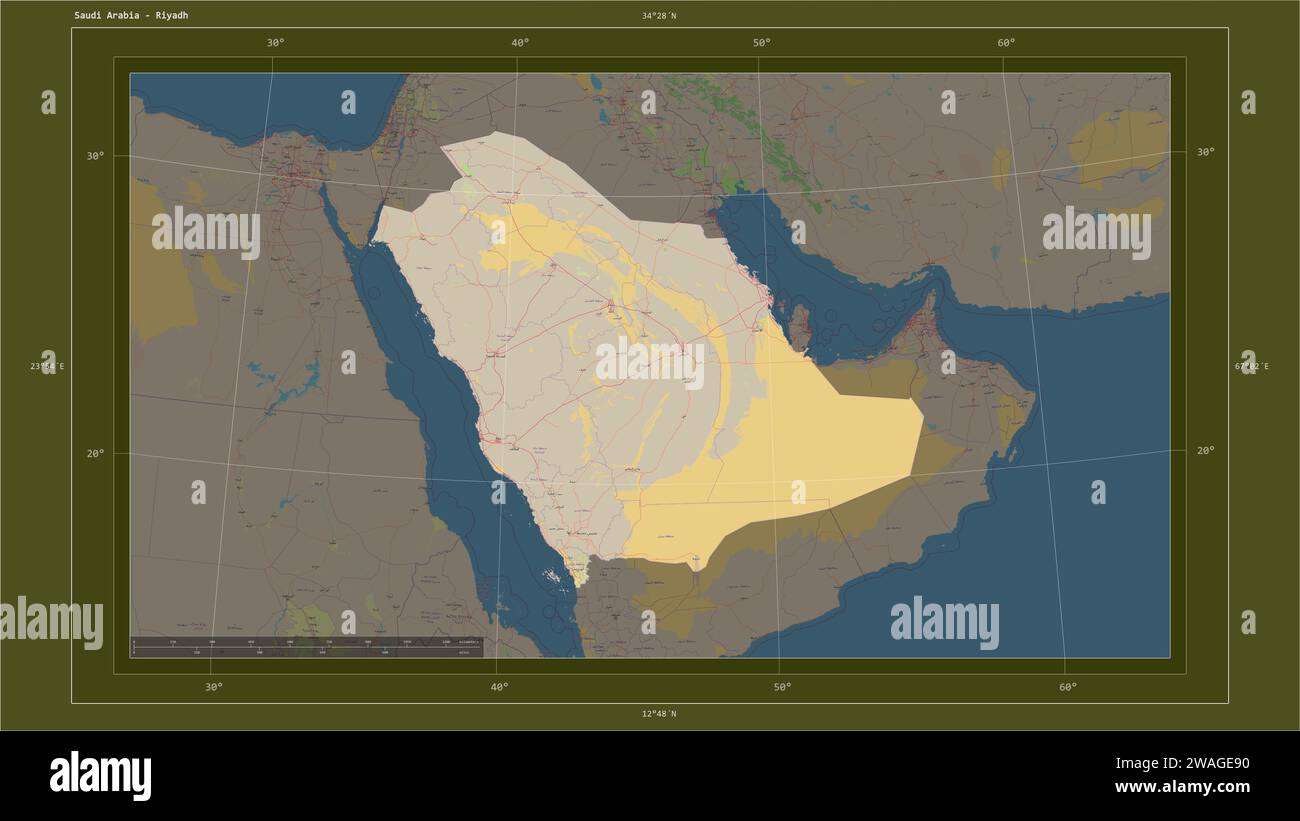 Saudi Arabia highlighted on a topographic, OSM standard style map map ...