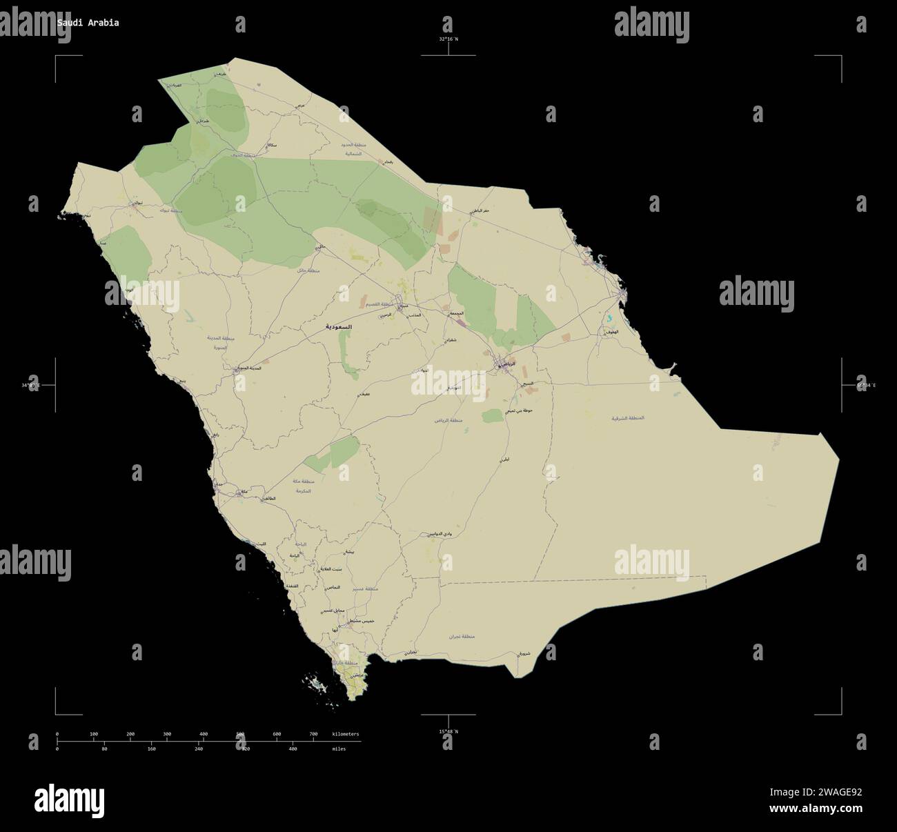 Shape of a topographic, OSM Humanitarian style map of the Saudi Arabia ...