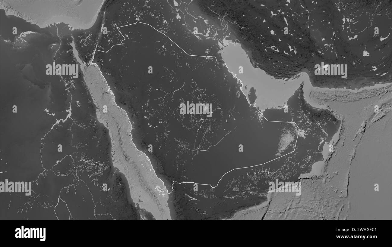 Saudi Arabia outlined on a Grayscale elevation map with lakes and ...