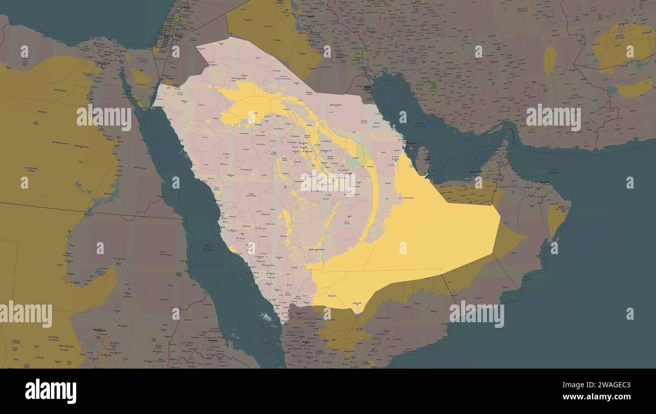Saudi Arabia highlighted on a topographic, OSM France style map Stock ...