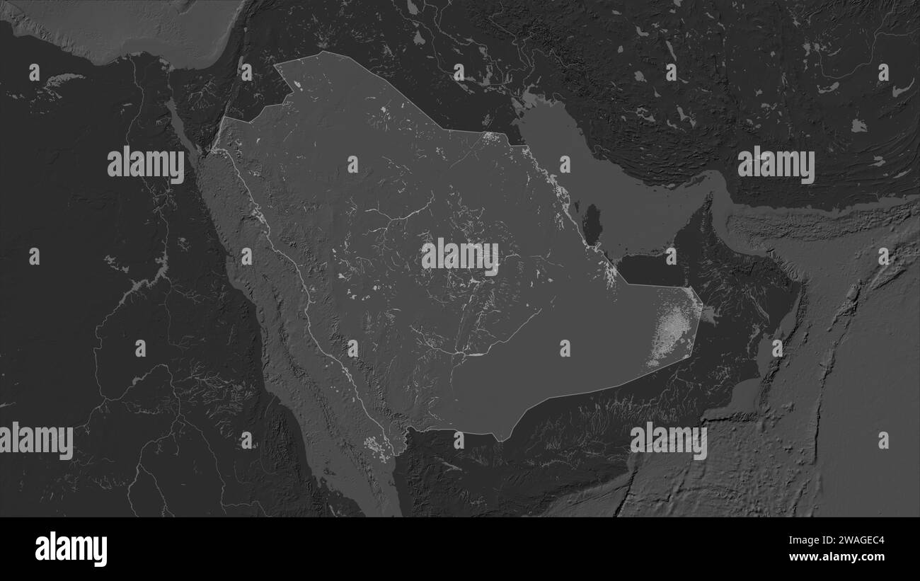Saudi Arabia highlighted on a Bilevel elevation map with lakes and ...