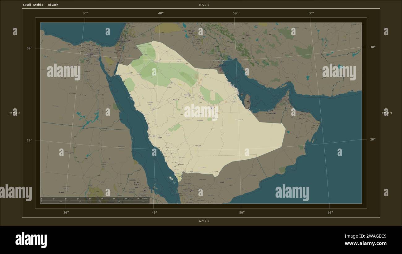 Saudi Arabia highlighted on a topographic, OSM Humanitarian style map ...