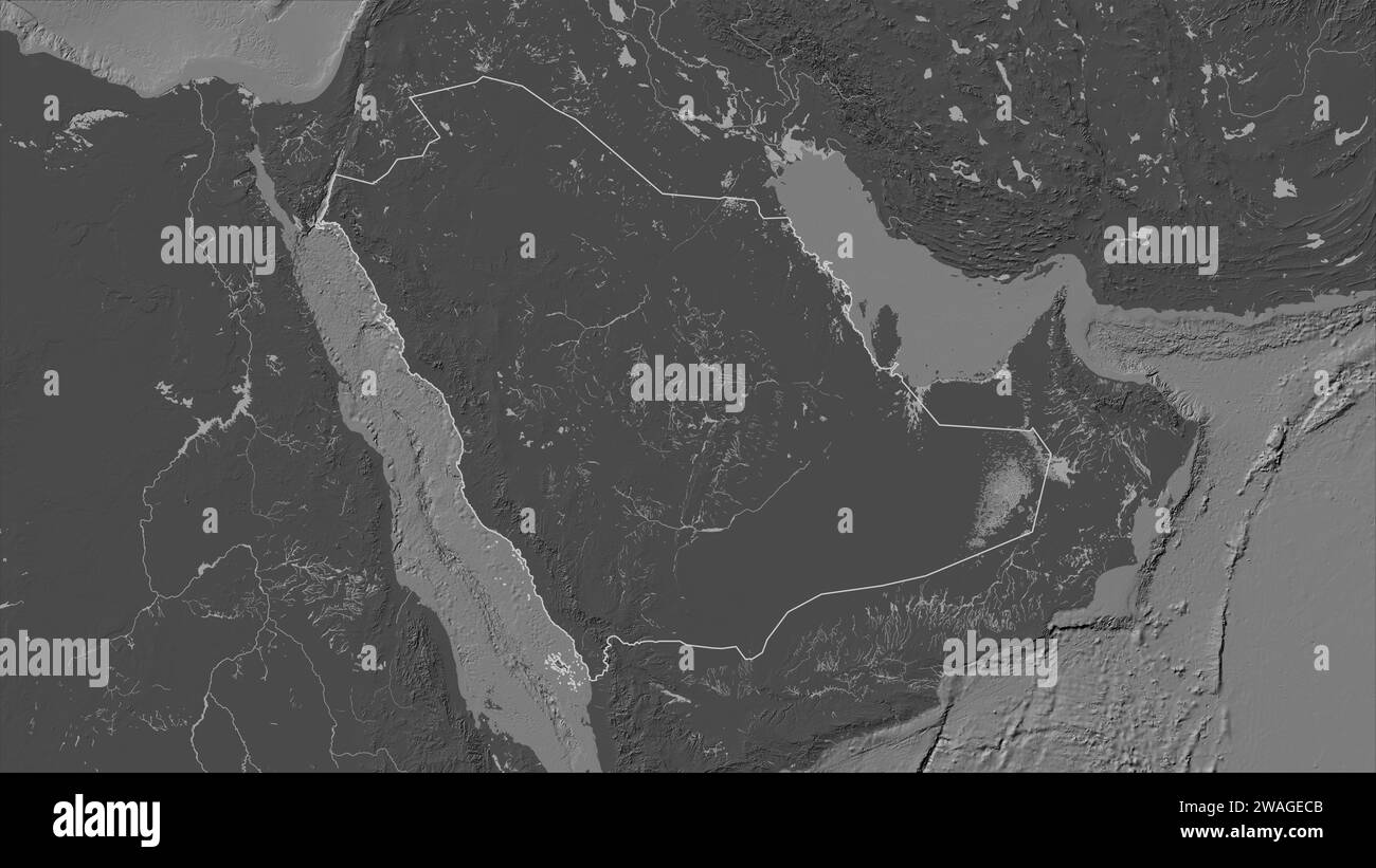 Saudi Arabia outlined on a Bilevel elevation map with lakes and rivers ...