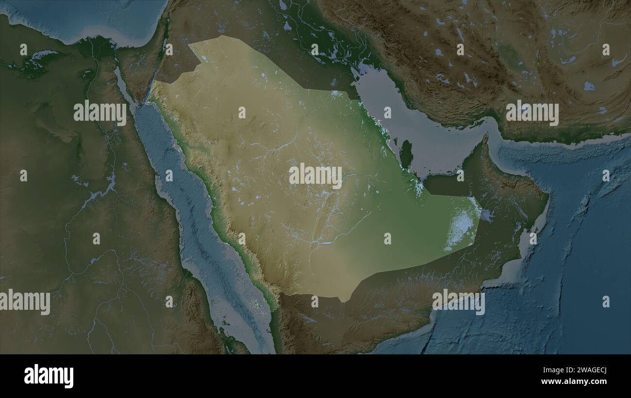 Saudi Arabia highlighted on a Pale colored elevation map with lakes and ...