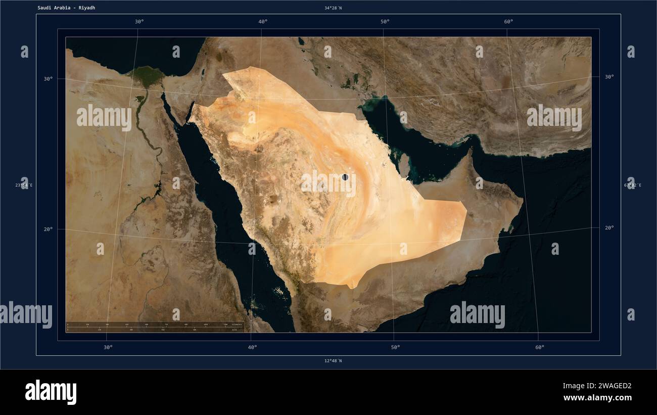 Saudi Arabia highlighted on a low resolution satellite map map with the country's capital point ...