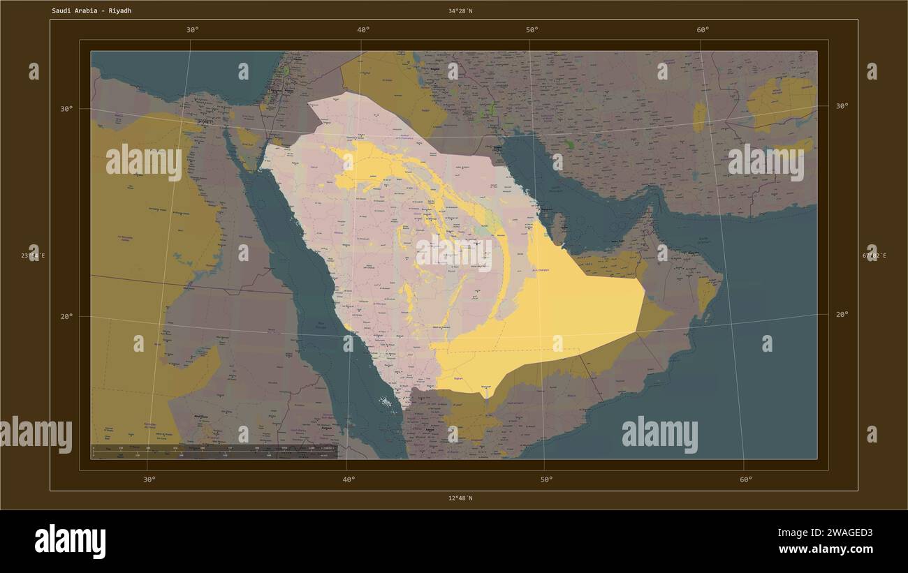 Saudi Arabia highlighted on a topographic, OSM France style map map ...