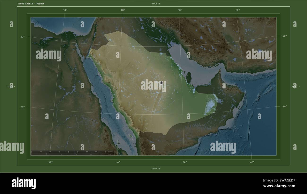 Saudi Arabia highlighted on a Pale colored elevation map with lakes and ...